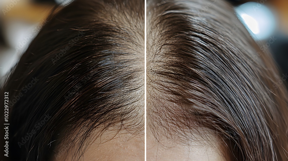 Close-up scalp comparison, showing bald patches before and full hair ...