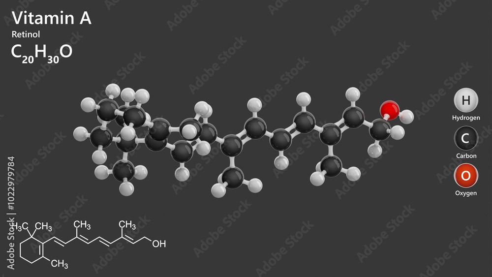Molecule of Retinol (C20H30O) or Vitamin A, is a fat-soluble vitamin ...