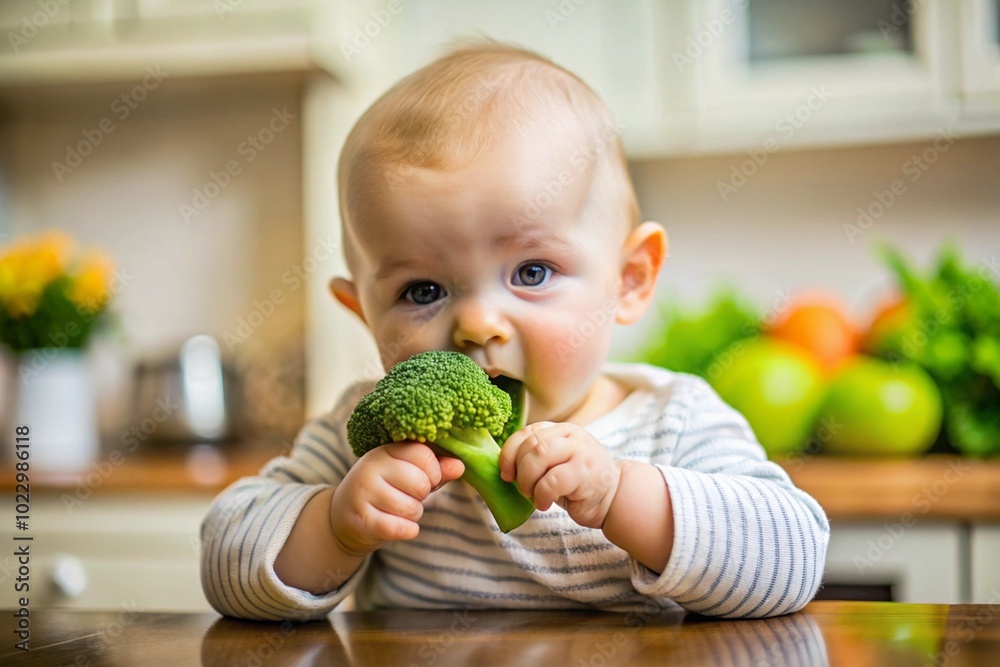 Healthy baby food. The first meal. Feeding the baby. A cute kid tastes ...