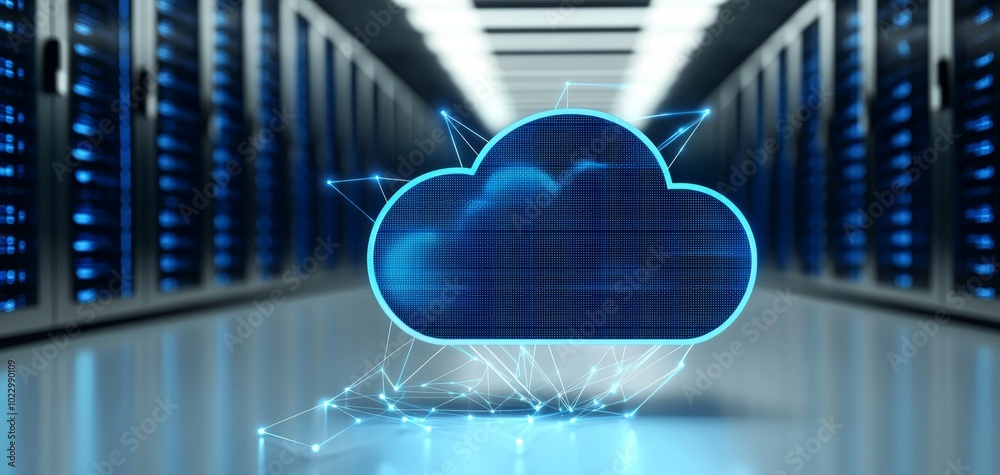Futuristic cloud symbol in a data center with blue digital connections ...