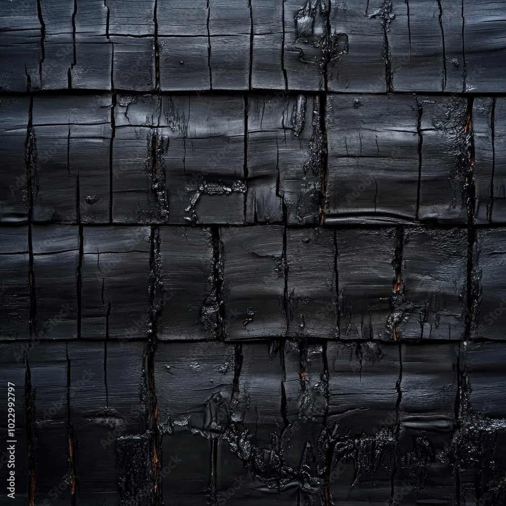Charred wood texture, black cracked timber background, burned surface ...