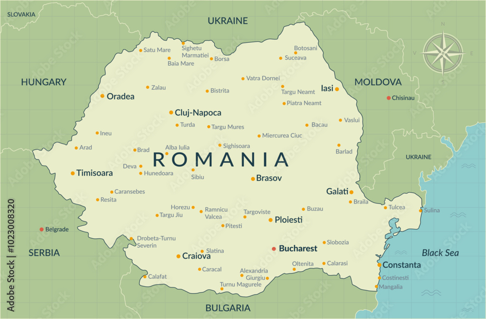 Romania political map with major cities and neighboring countries ...