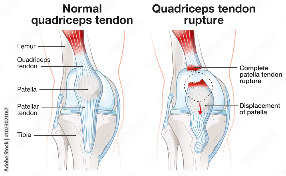 Quadriceps tendon rupture. Knee injury. Sports injury. Knee pain. Front ...