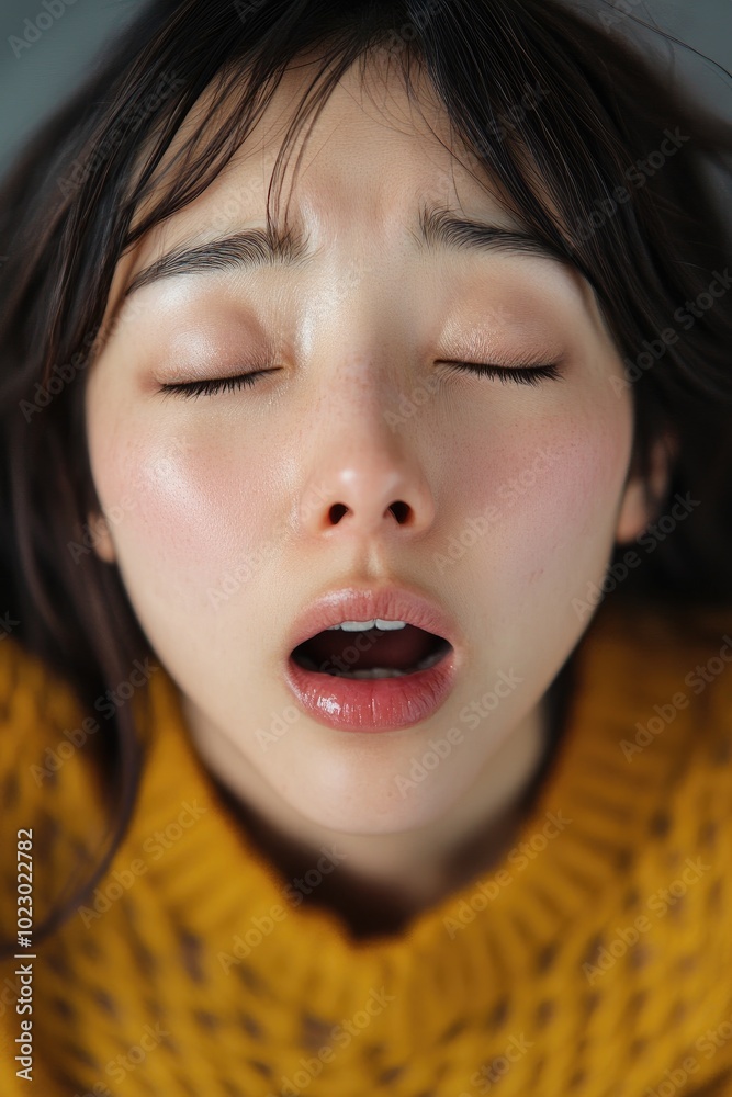 moaning sensual young pretty japanese female with open mouth and closed eyes getting sexual ...