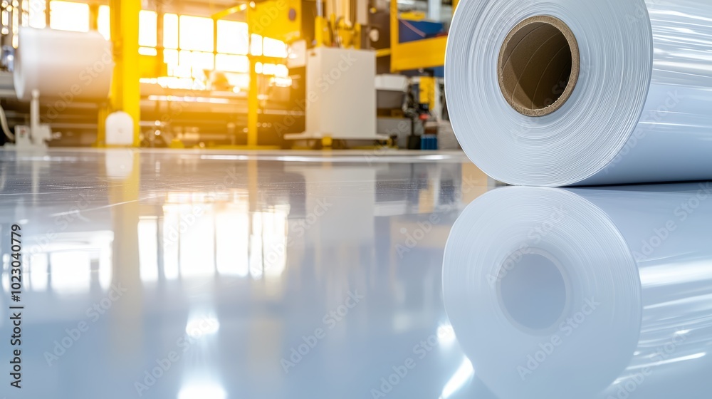 Large paper rolls in an industrial printing factory, modern machinery ...