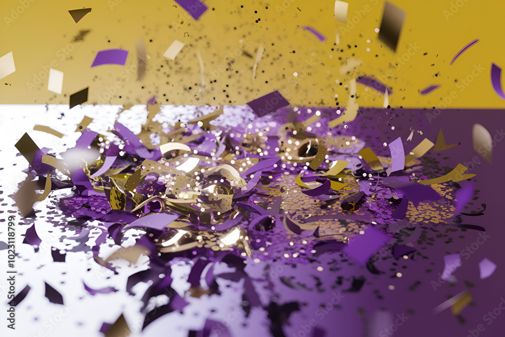 A pile of purple and gold confetti is scattered on a table. The ...