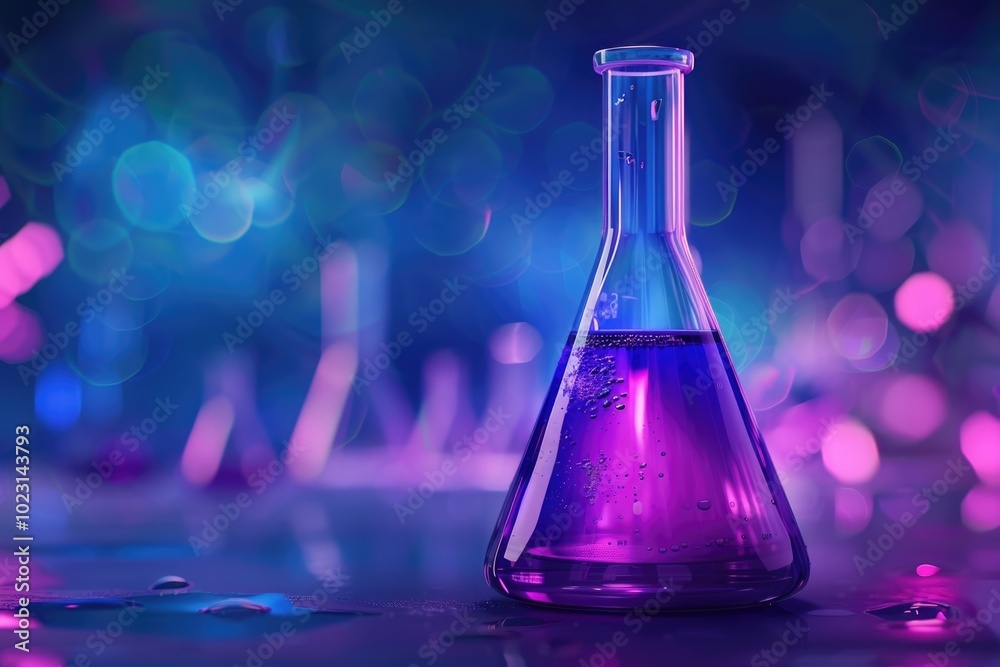 purple glass flask in blue research chemistry science banner laboratory ...