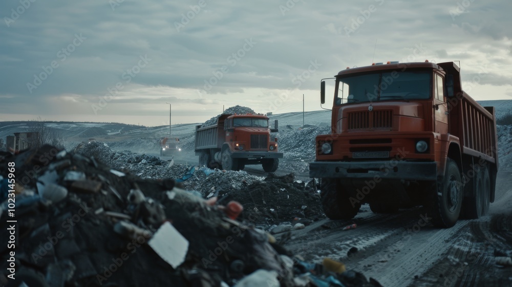 Rugged trucks navigate a sprawling landfill, highlighting the scale and ...
