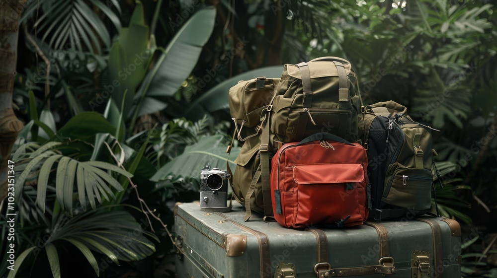 Sturdy travel gear, including backpacks and an iconic camera, rests on ...
