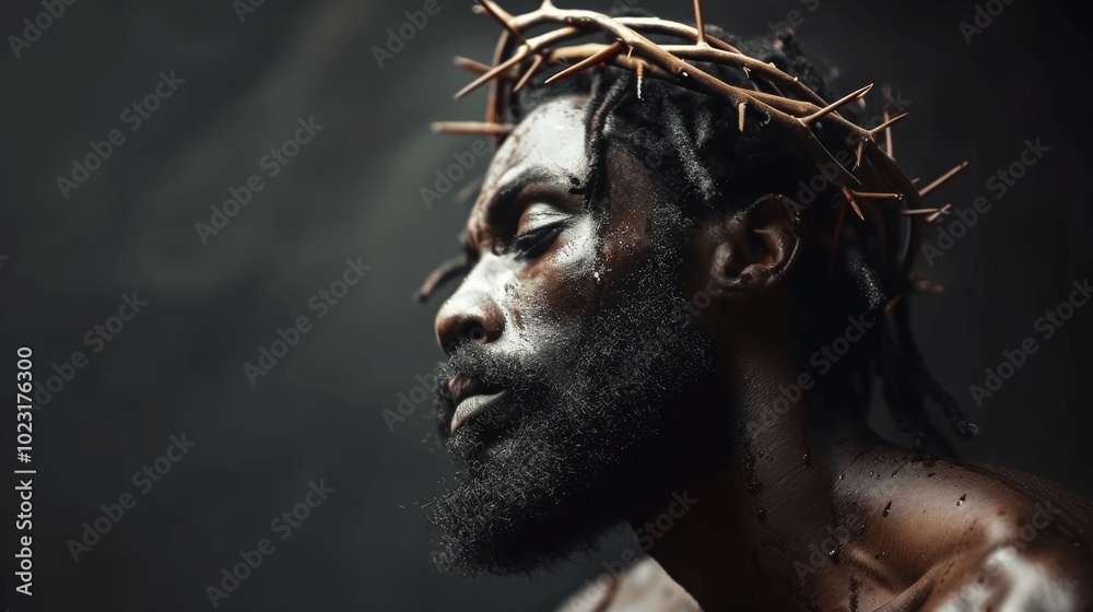 Black Jesus Christ with Crown of Thorns, Side View Portrait, Hyper ...