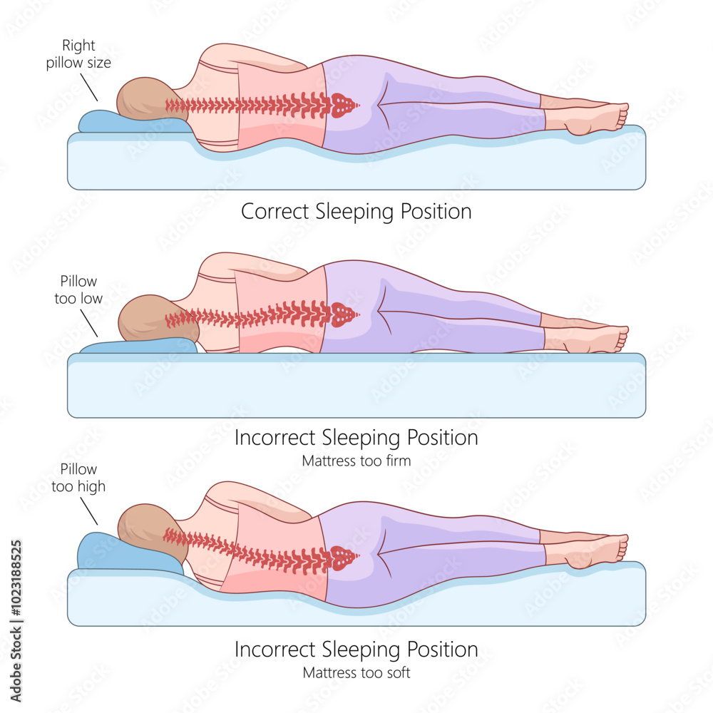 proper and improper side sleeping positions with spine alignment, the ...