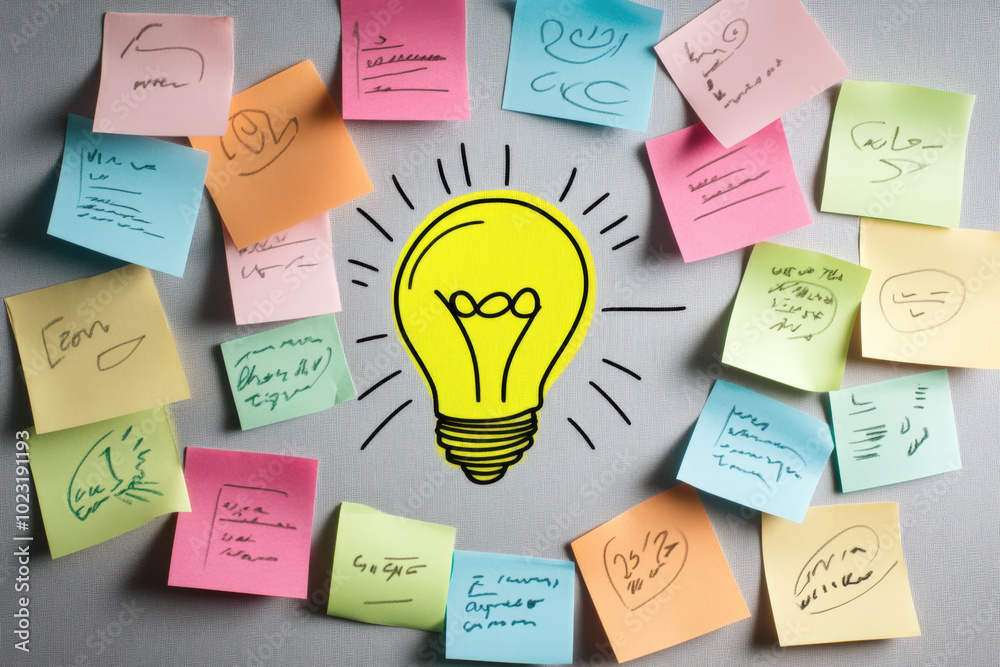 Big yellow light bulb drawing is surrounded by colorful sticky notes ...