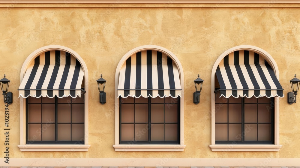 Old European shop facade with striped awnings and a beige stucco wall ...