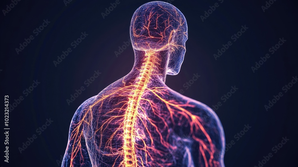 Nervous system, brain and spinal cord highlighted, intricate neuron ...