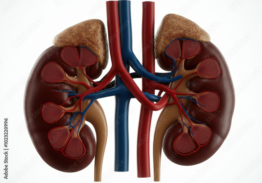 Human kidneys with adrenal glands showing arteries and veins Stock ...