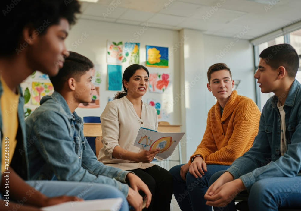 High school teacher is leading a group therapy session with students ...