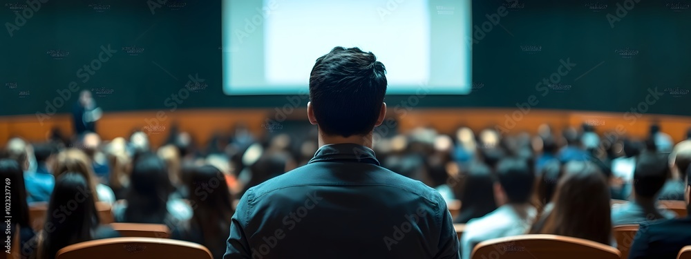 A photograph of an audience at the front and side view from behind ...
