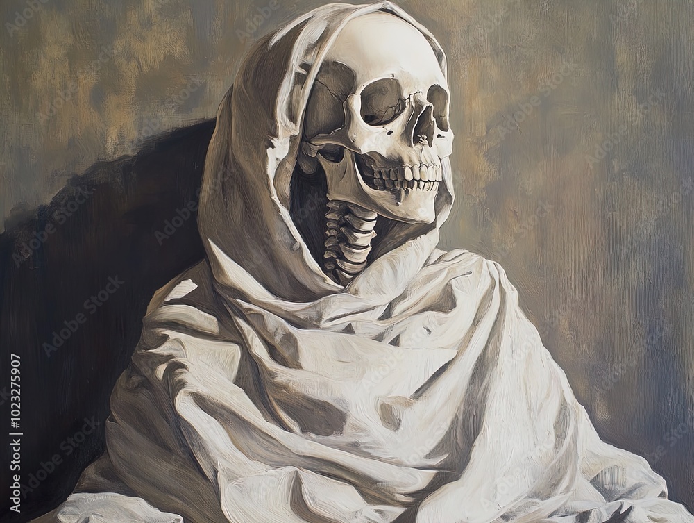 Elegantly Draped Skeletal Still Life: A Contemplative Art Piece Perfect ...