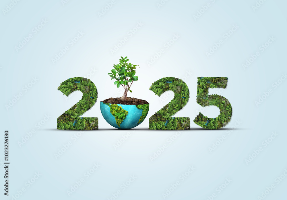 Foto de Stock New Year 2025 green recycling and save our planet and earth environment. World ...