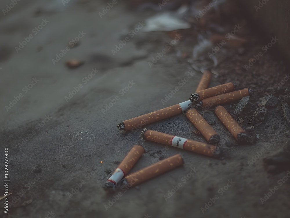 Unhealthy habit Tobacco Smoked cigarette ash on the ground Stock Photo ...