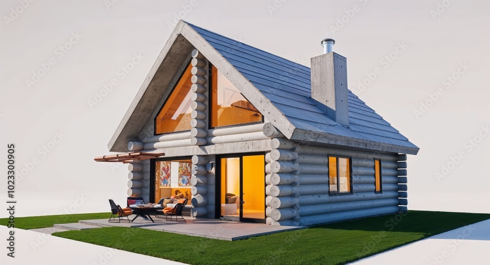 Cement log cabin house with contemporary design on plain white ...