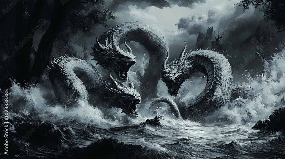 Myth of the hydra multiheaded serpent rising from the swamp ancient ...