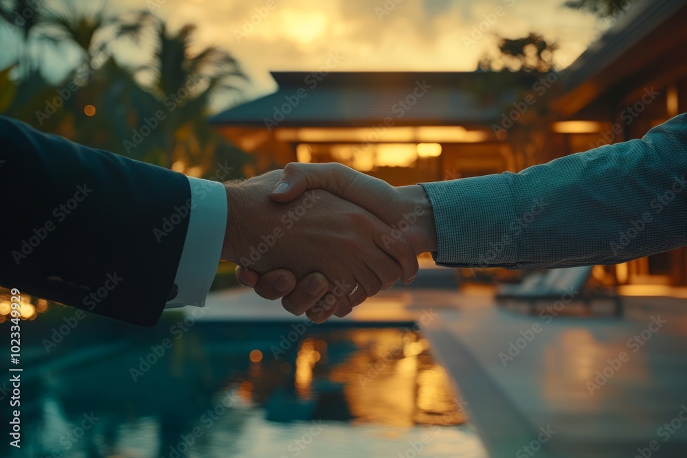 Two men shake hands in front of a pool. Stock Photo | Adobe Stock