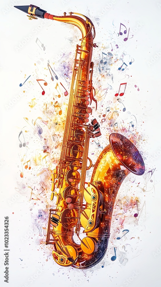 This image showcases a golden saxophone enveloped in a dynamic ...