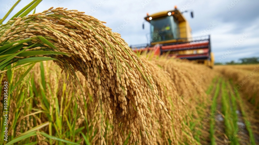 Detailed close-up of a combine harvester cutting through rice stalks ...