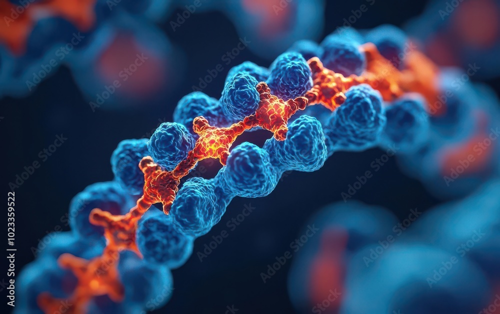 A digital model of a human cell with highlighted genes being edited ...