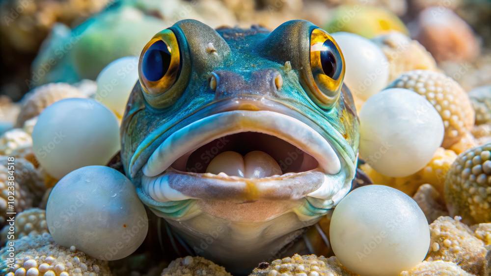 Jawfish male incubating eggs in its mouth, surrounded by coral and ...