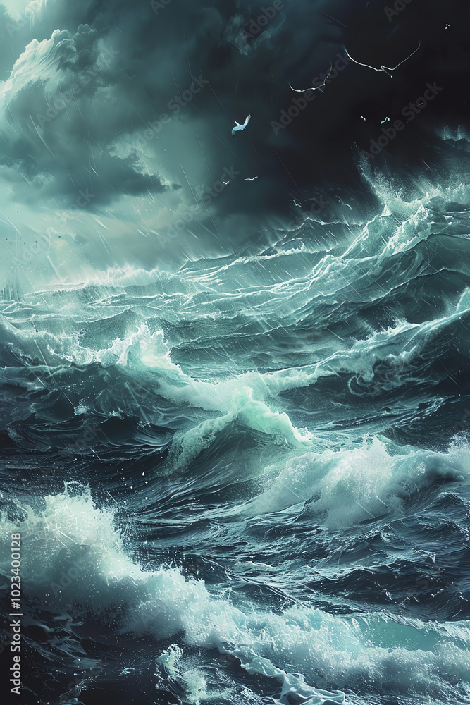 Illustrate a dramatic stormy sea scene from an unexpected birds eye ...