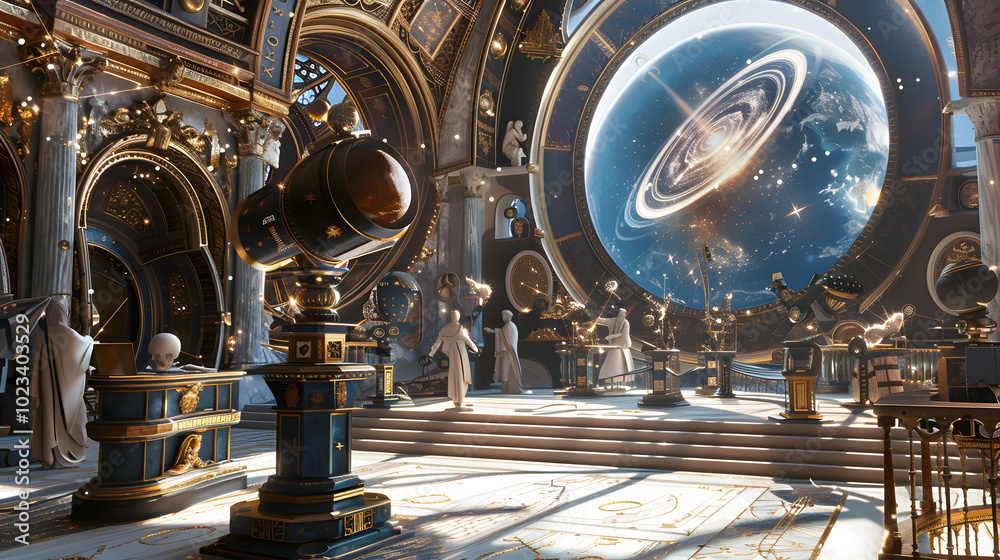 Cyber-baroque observatory, marble astronomers with digital telescopes ...