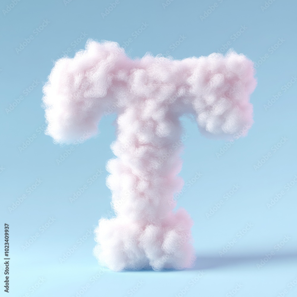 Create a cute and dimensional letter "T" designed in a soft, cloud-like ...