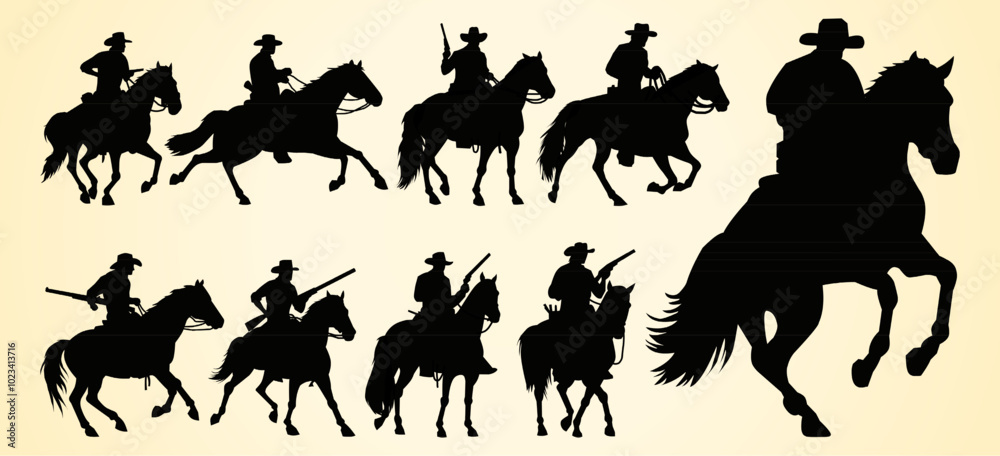 Silhouettes of cowboys riding horses, some holding rifles, representing ...