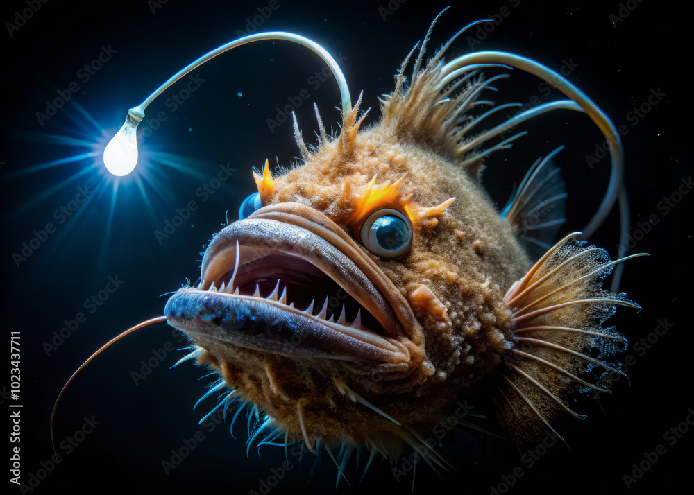 Hairy anglerfish with bioluminescent lure extended, showcasing its ...