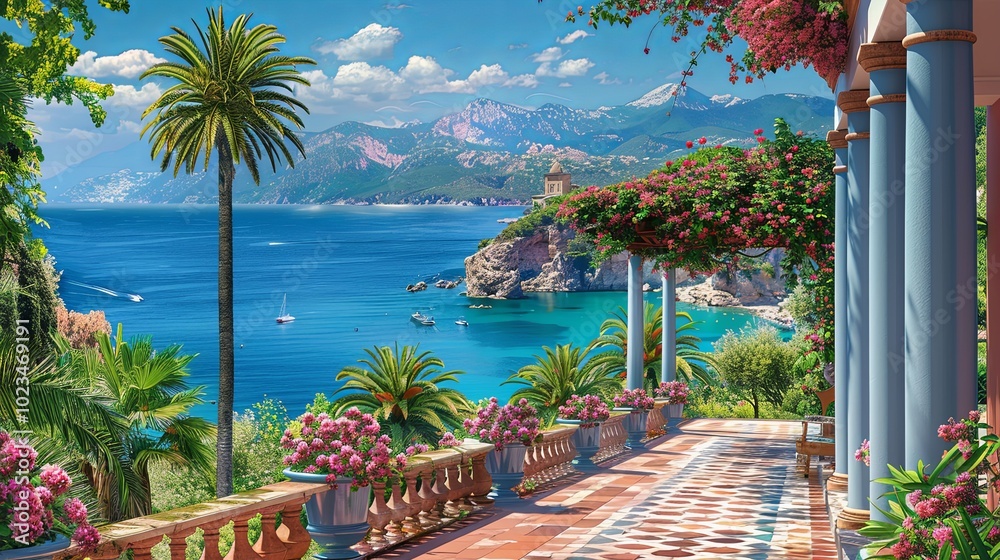 Mediterranean Landscape with traditional romantic belvedere in a park ...