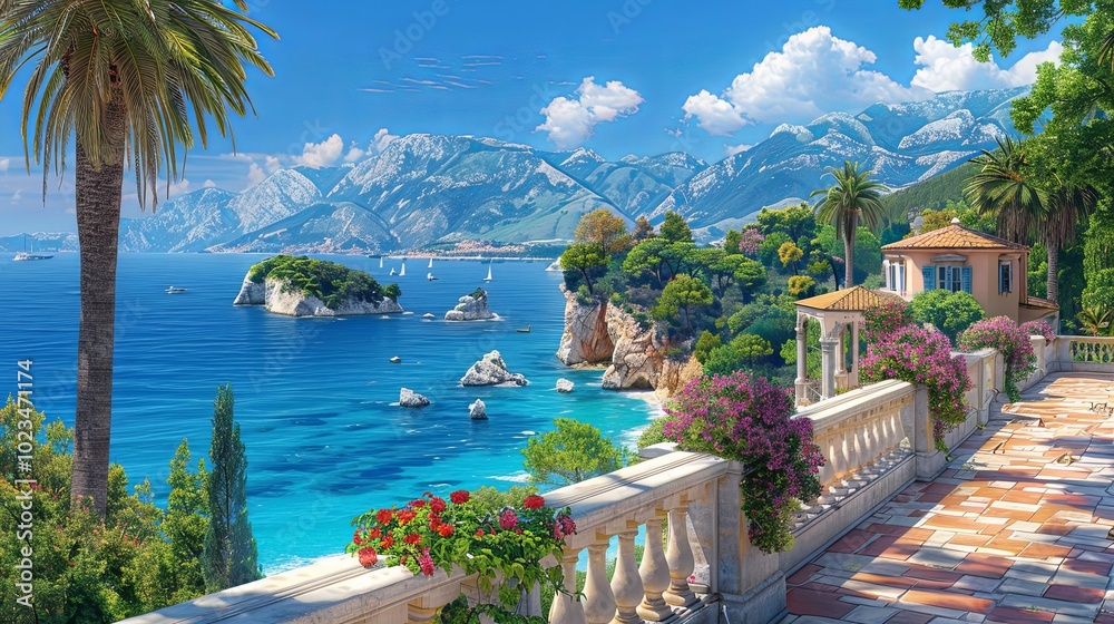 Mediterranean Landscape with traditional romantic belvedere in a park ...