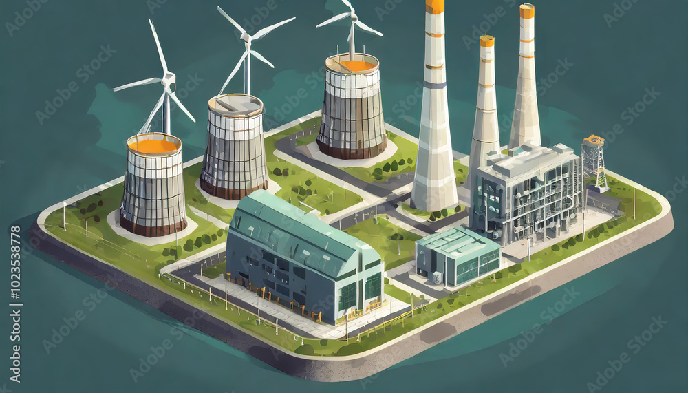 Renewable energy facility with wind turbines and cooling towers in a ...