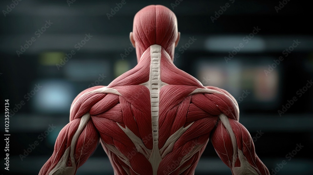 Detailed anatomical illustration of the human back muscles with ...