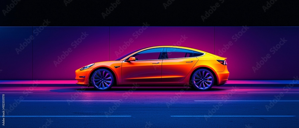 Illuminated Side Profile of Electric Vehicle Parked under Streetlights ...