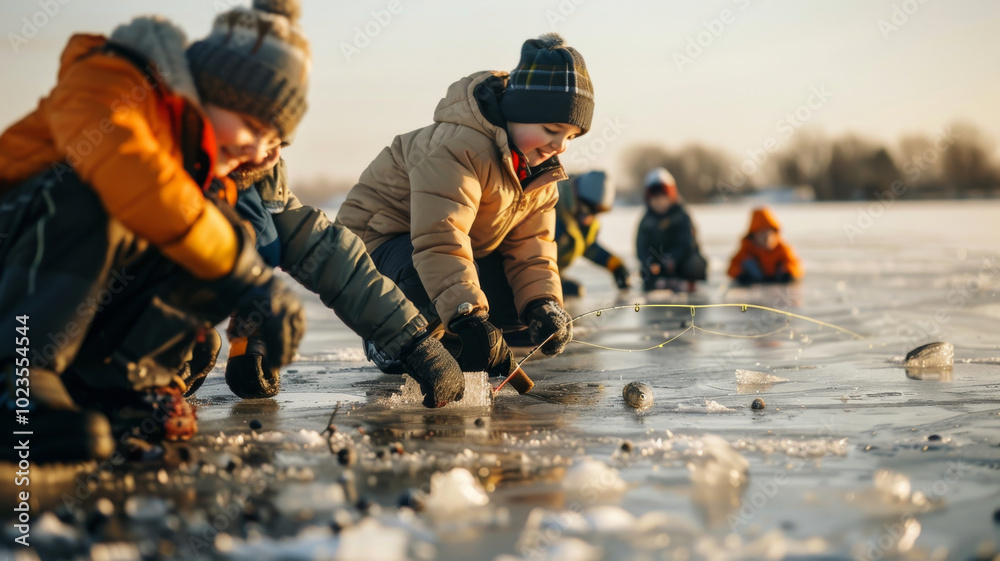 Children enjoy ice fishing on frozen lake, showcasing their excitement ...