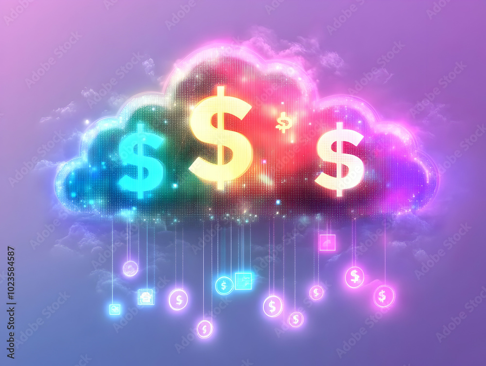 Flat Holographic Cloud Releasing Glowing Financial Symbols - Artistic ...