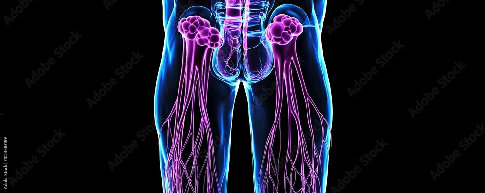 A close-up 3D view of the lymphatic system in the pelvis, highlighting ...
