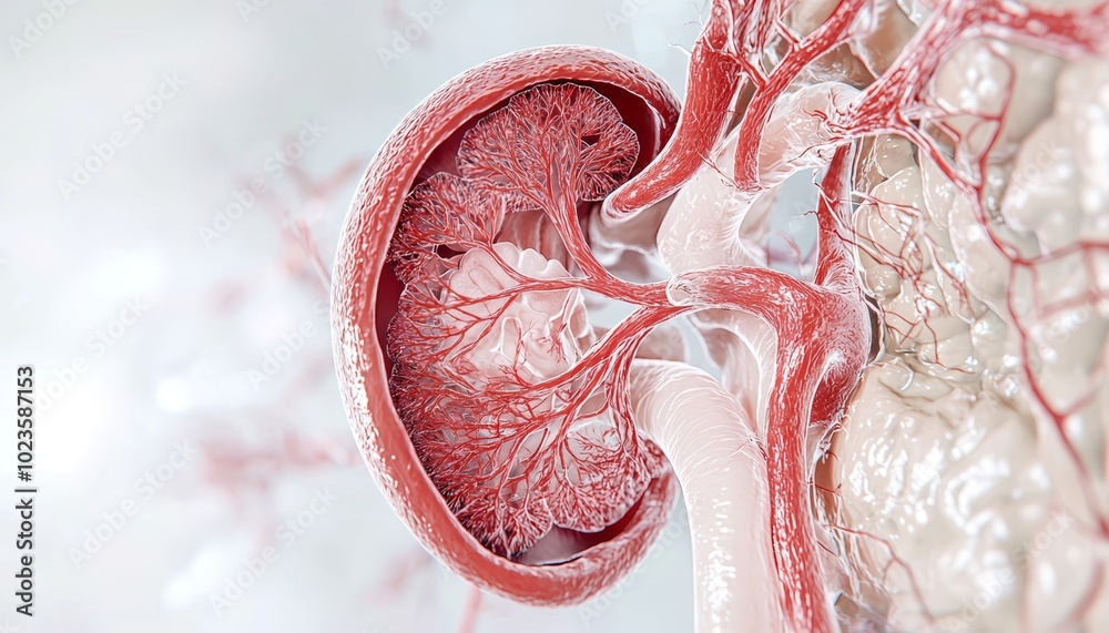 A cross-section of the kidney in 3D, with the renal artery, vein, and ...