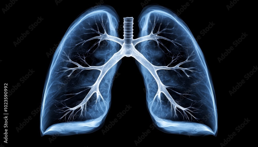 A digital X-ray scan of the lungs showing the spread of cancer along ...