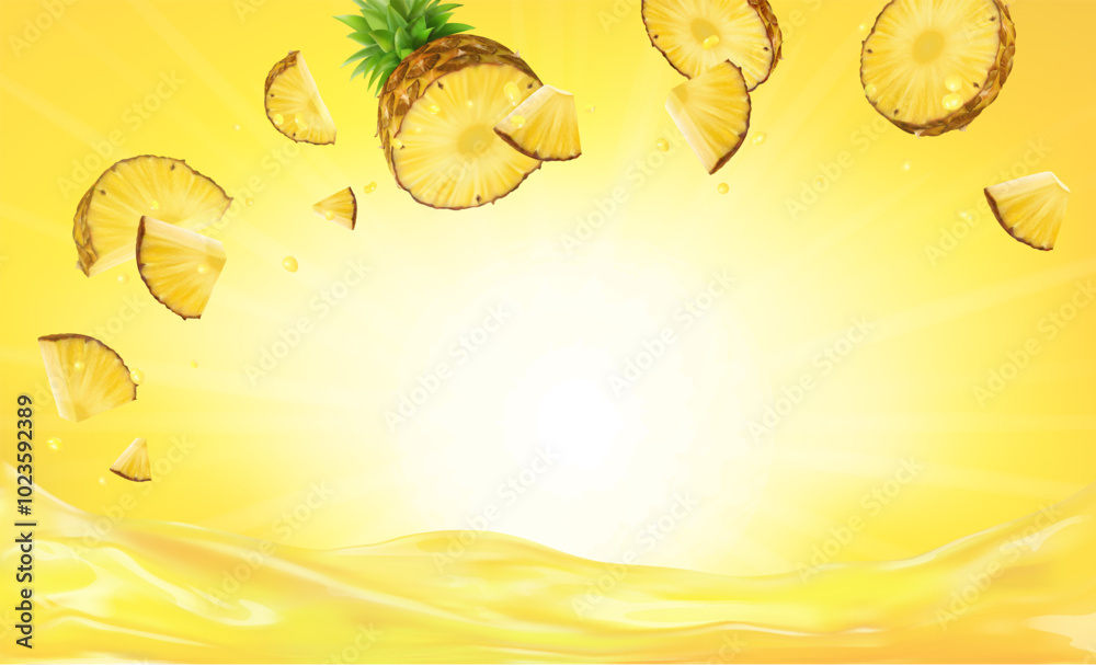 3d realistic vector horizontal banner, pineapple juice splash ...