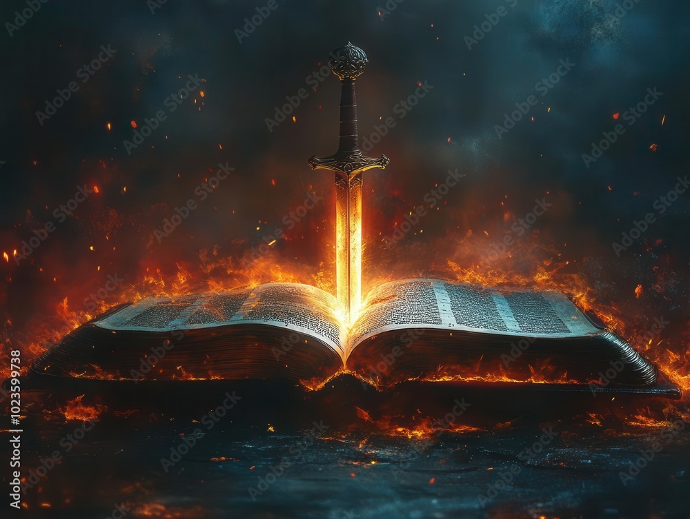 sword of the spirit concept with an open holy bible and a flaming sword ...