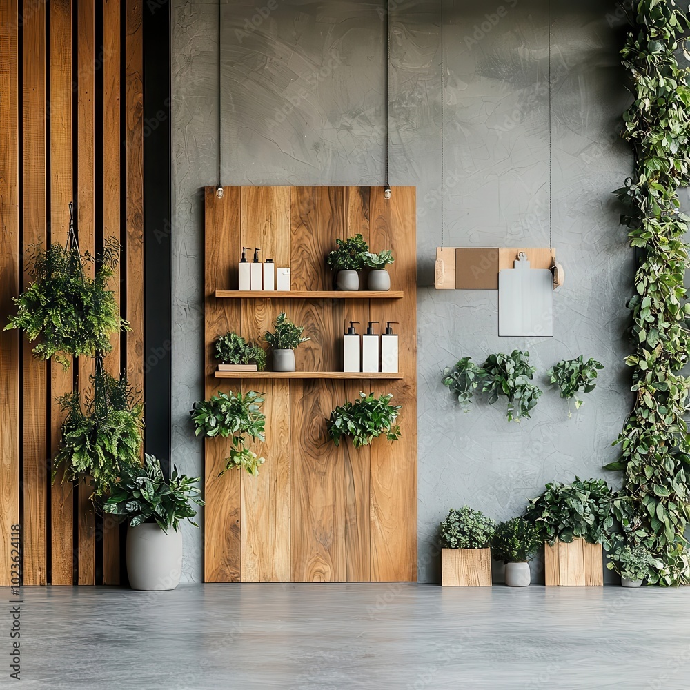 Artistic nature-inspired spa shop facade with abstract murals, wooden ...