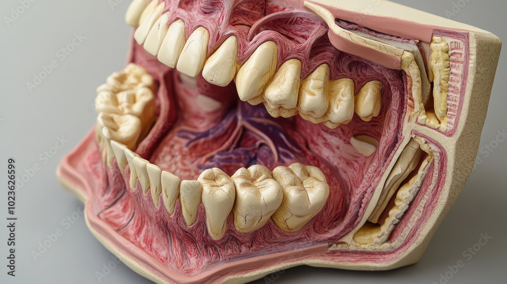 A detailed cross-section of the oral cavity model, showing layers of ...